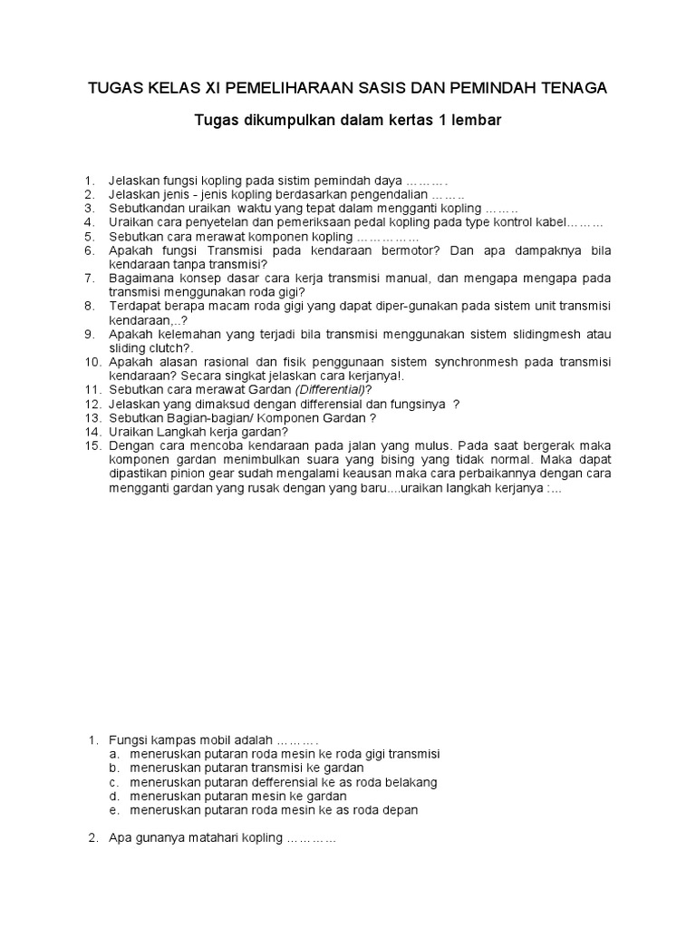Tugas Kelas Xi Pemeliharaan Sasis Dan Pemindah Tenaga | PDF | Bisnis | Komputer