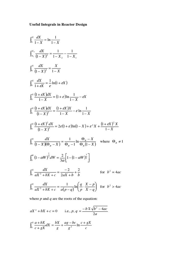 Useful Integrals in Reactor Design | PDF | Mathematics | Mathematical Objects