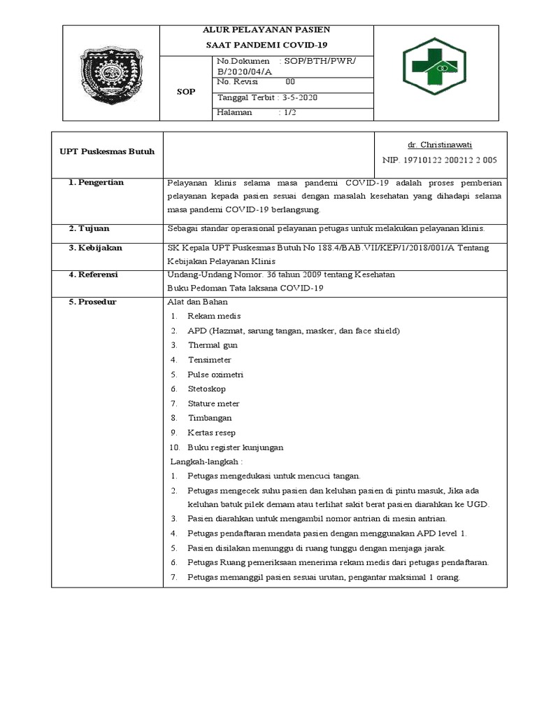 Sop/Bth/Pwr/ B/2020/04/A: Alur Pelayanan Pasien Saat Pandemi Covid-19 | PDF