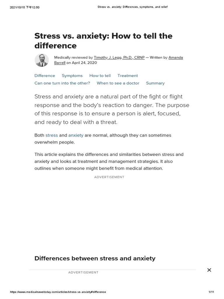 Stress vs. Anxiety - Differences, Symptoms, and Relief | PDF | Anxiety | Anxiety Disorder