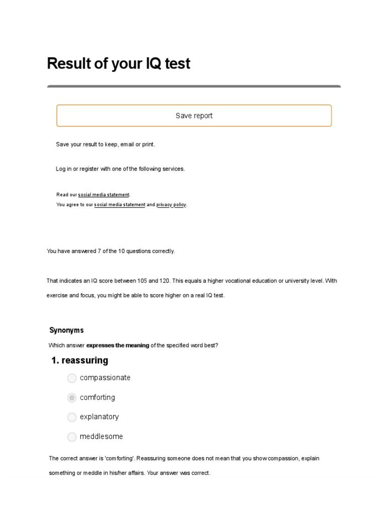 Result of Your IQ Test: 1. Reassuring | PDF | Intelligence Quotient ...