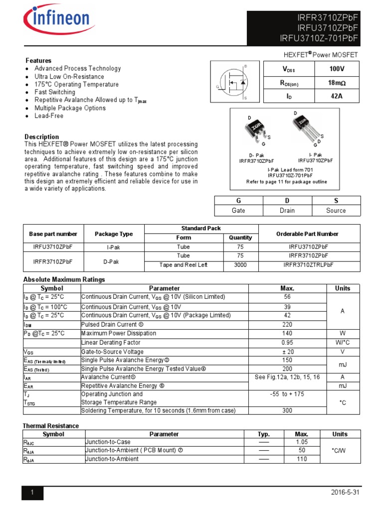 Irfr3710Zpbf Irfu3710Zpbf Irfu3710Z-701Pbf: V 100V R 18M I 42A Features ...
