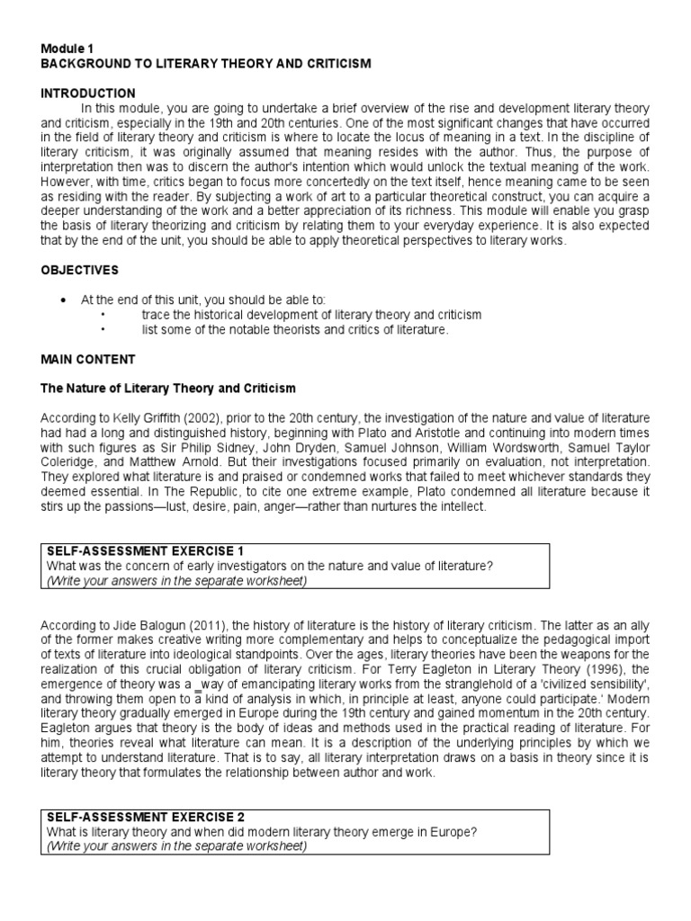 Background To Literary Theory and Criticism: (Write Your Answers in The ...
