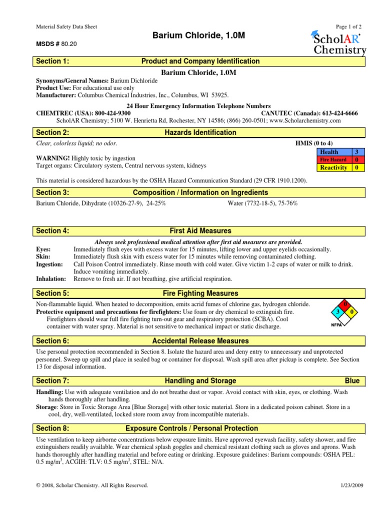 MSDS Sheets Barium Chloride Solution 1 0M 80 20 | PDF | Dangerous Goods ...