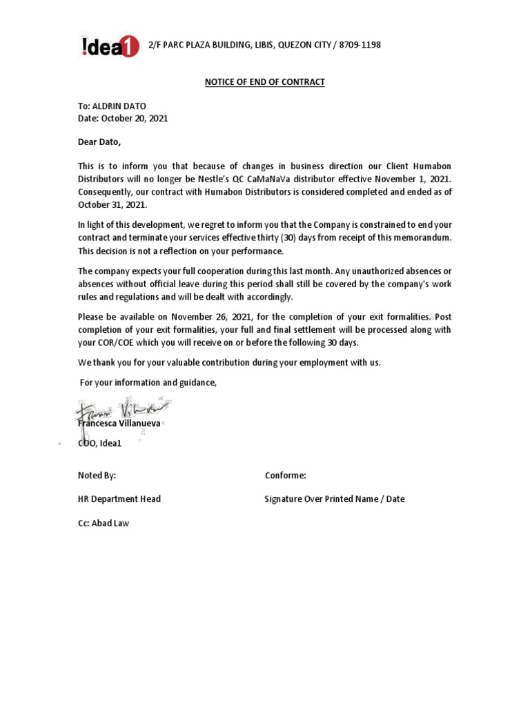 Notice of End of Contract - Aldrin Dato | PDF