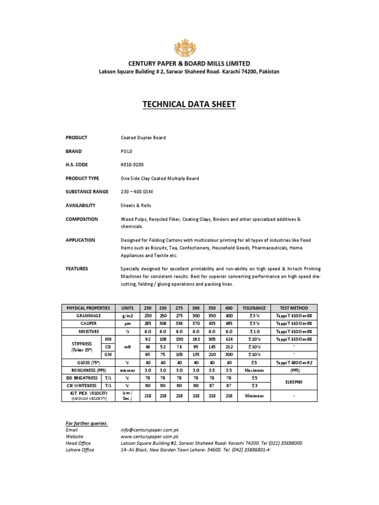 Technical Data Sheet: Century Paper & Board Mills Limited | PDF | Paper ...