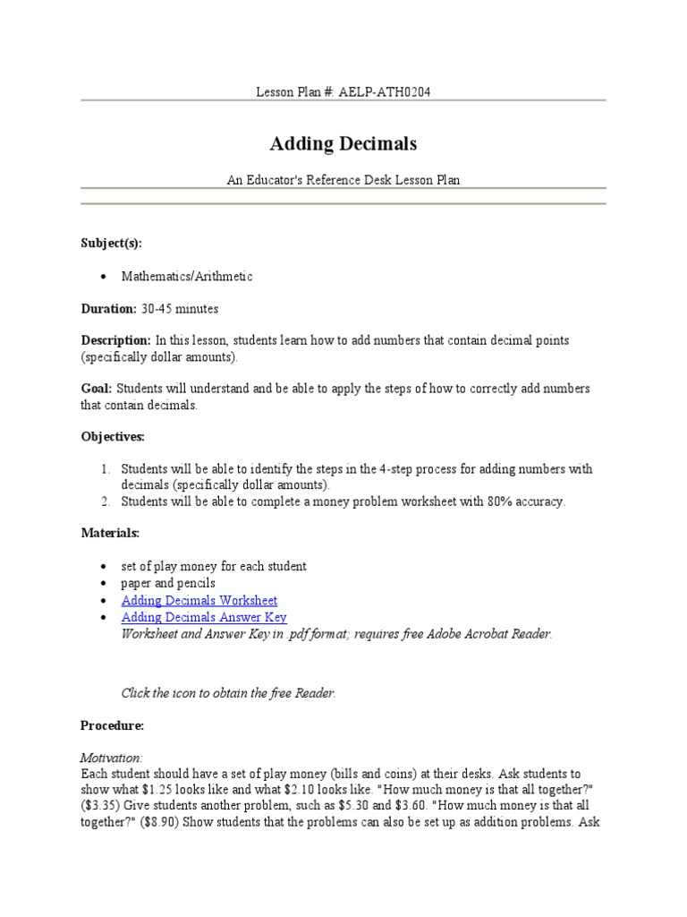 Adding Decimals Lesson Plan 2011 | PDF | Lesson Plan | Worksheet