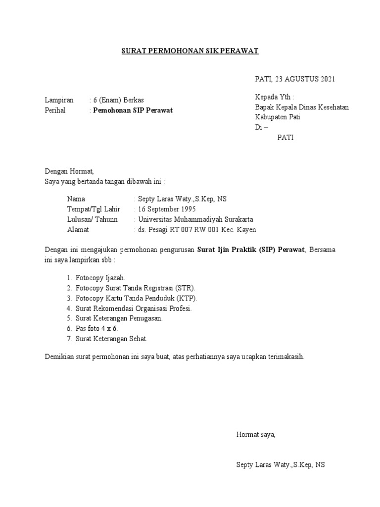 Surat Permohonan Sip Perawat Septy | PDF