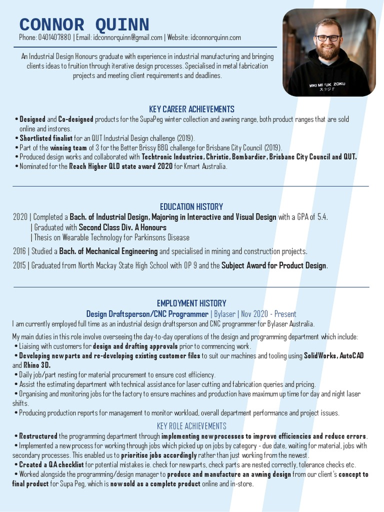 Connor Quinn: Key Career Achievements | PDF | Machinist | Design Thinking