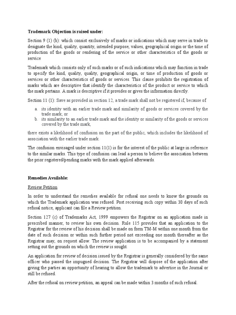 Trademark Objection Is Raised Under | Download Free PDF | Trademark ...