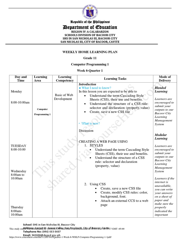 Quarter 1 Week 6 WHLP Computer Programming 1 1 PDF | PDF | Html | World ...