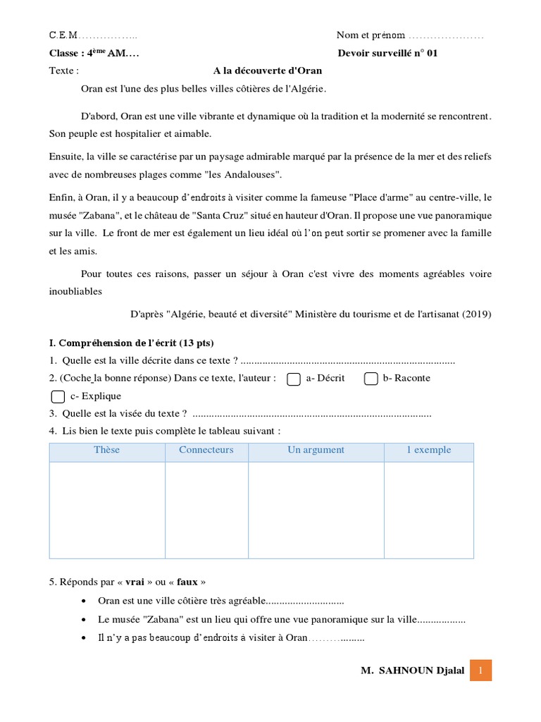 Dzexams 4am Francais d1 20210 443344 | PDF | Linguistique