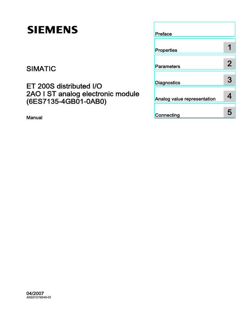 Simatic ET 200S Distributed I/O 2AO I ST Analog Electronic Module (6ES7135-4GB01-0AB0) | PDF ...