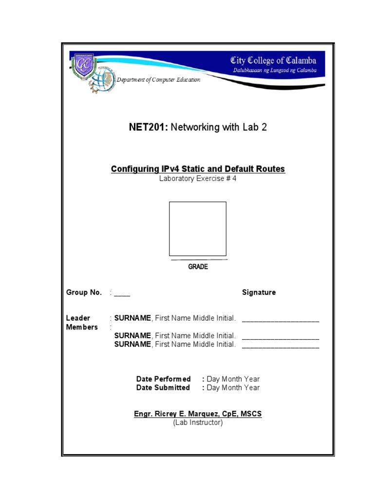 Net201 Lab Experiment 4 Configuring Ipv4 Static And Default Routes Pdf Ip Address 