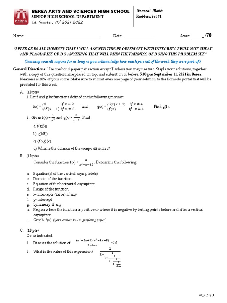 Analyzing Functions and Their Inverses: A Problem Set on Domain, Range ...