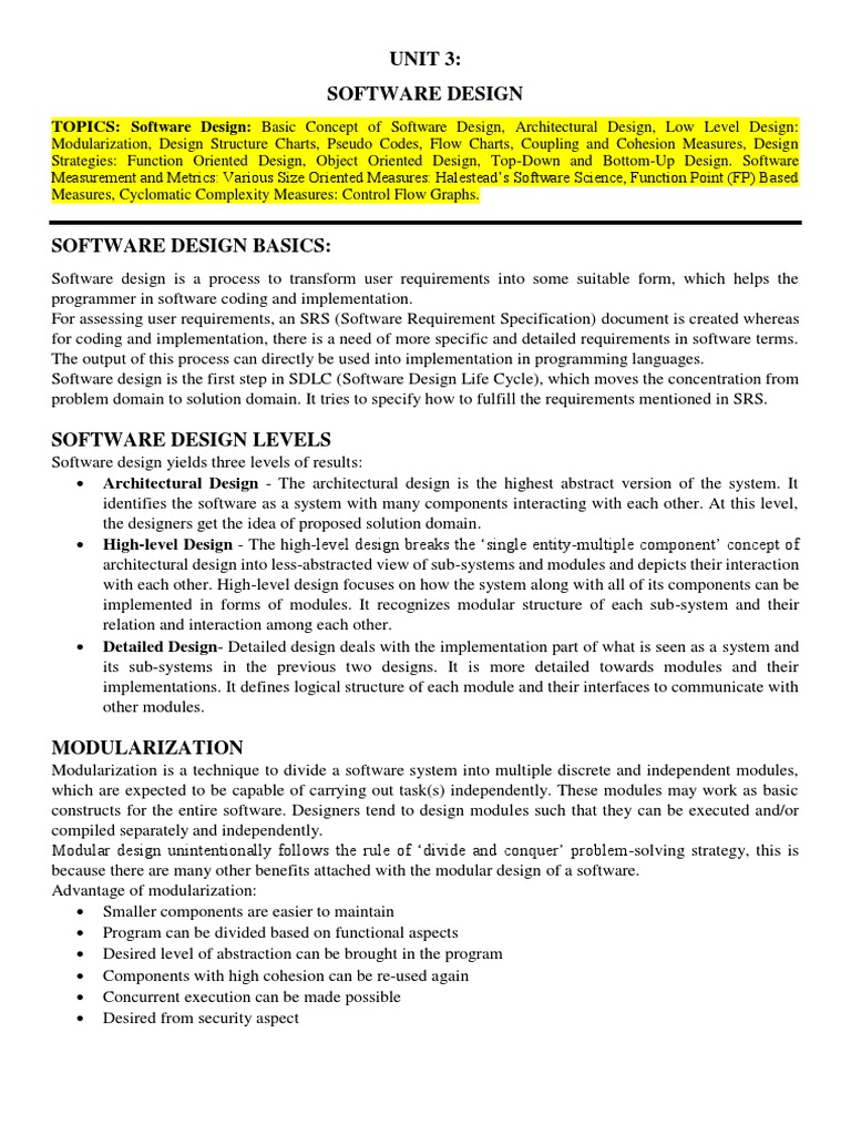 Unit 3: Software Design: Topics | PDF | Method (Computer Programming) | Class (Computer Programming)