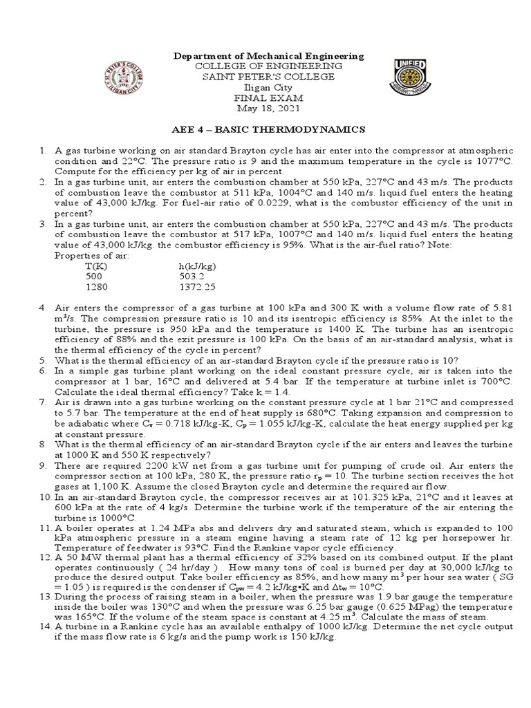AEE 4 Basic Thermodynamics Final Exam | PDF | Steam | Gas Turbine