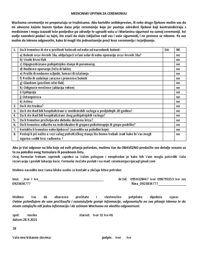 Medicinski-Upitnik Za Ceremoniju | PDF