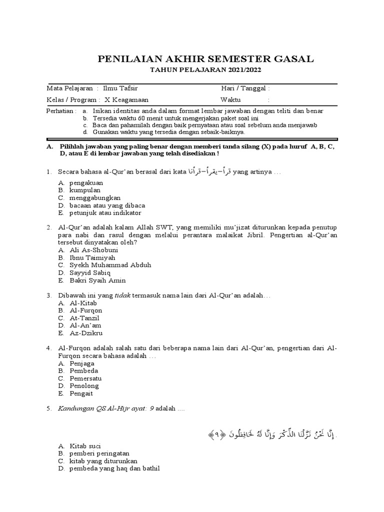 PTS X Agama Ilmu Tafsir 2021-2022 | PDF