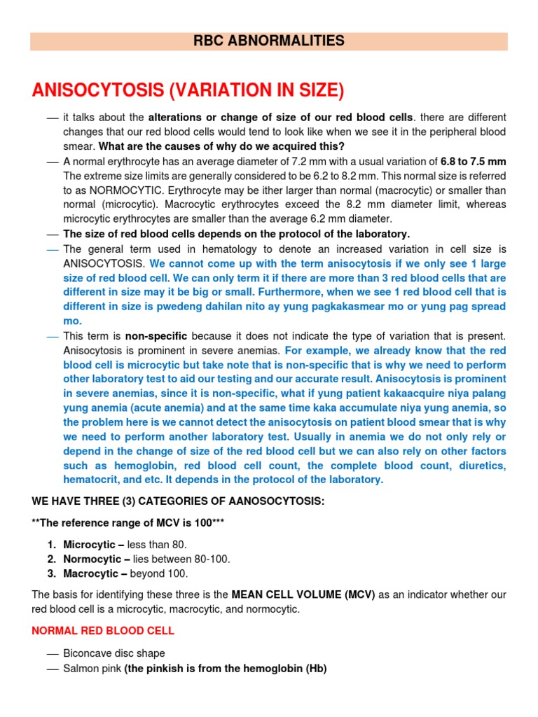 Anisocytosis (Variation in Size) : RBC Abnormalities | PDF | Anemia ...