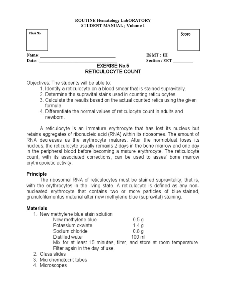 Reticulocyte Count Student Manual | PDF | Staining | Red Blood Cell