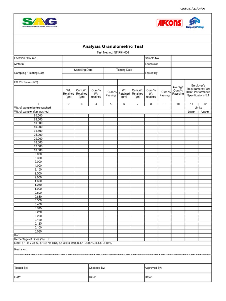 AFCONS - QUA - Quality Test Format - Sieve Analysis | PDF