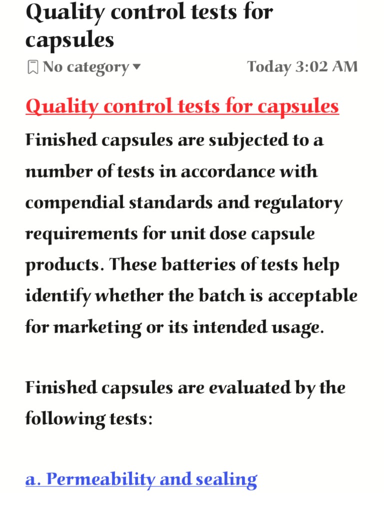 Quality Control Tests For Capsules | PDF | Pharmaceutical Formulation ...