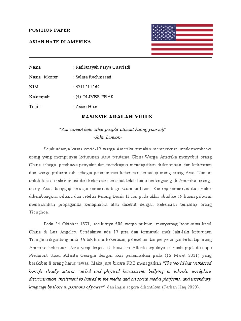 Rasisme Adalah Virus: Position Paper Asian Hate Di Amerika | PDF