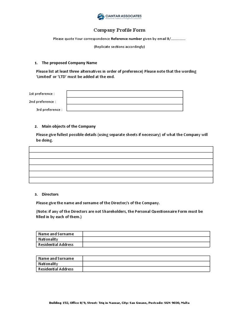 Company Profile Form for Incorporation | PDF | Government | Business