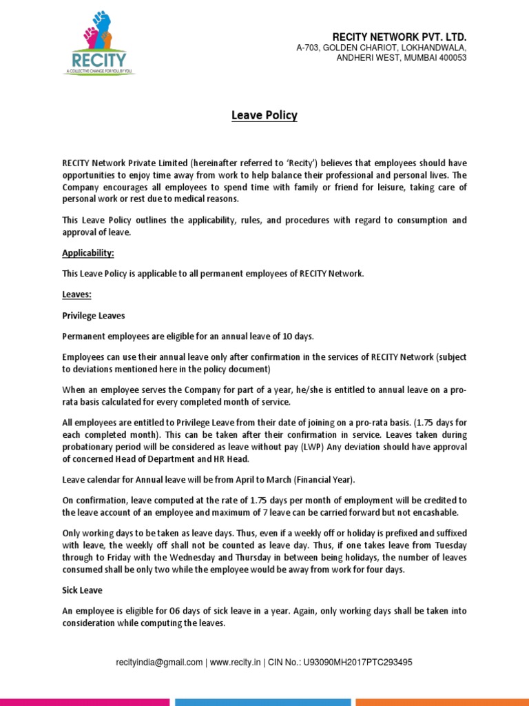 Leave Policy: Recity Network Pvt. LTD | PDF | Employment | Parental Leave