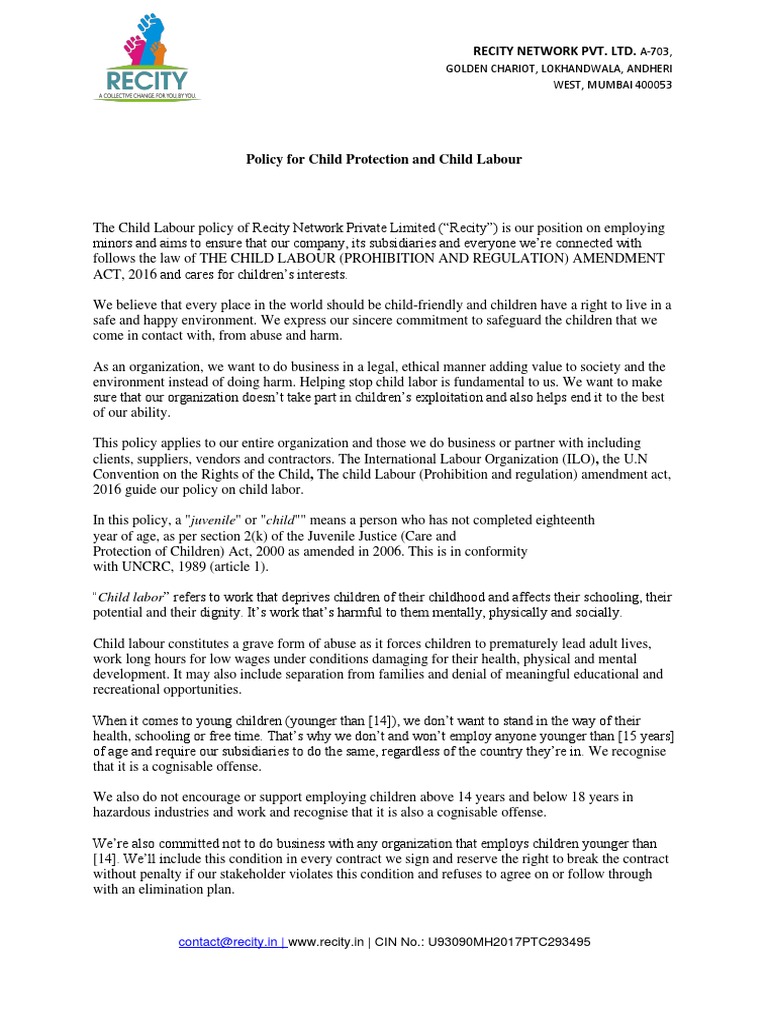 A Comprehensive Child Protection and Anti-Child Labour Policy for ...