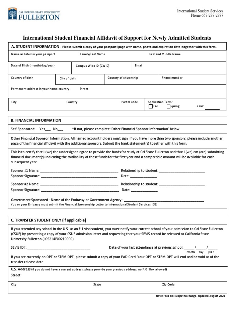 International Student Financial Affidavit of Support For Newly Admitted ...