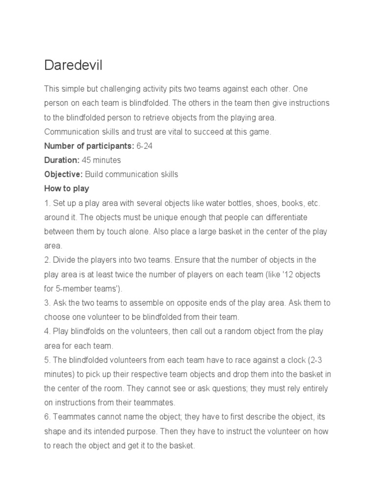 Daredevil: Number of Participants: 6-24 Duration: 45 Minutes Objective ...