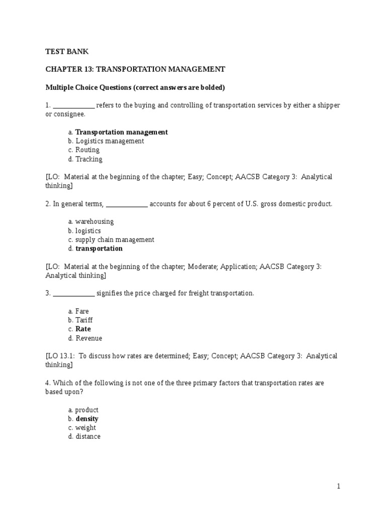 Test Bank Chapter 13: Transportation Management Multiple Choice ...
