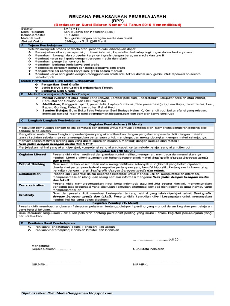 RPP Seni Grafis Kelas 9 Kurikulum Merdeka | PDF