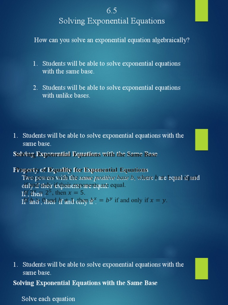 6.5 Solving Exponential Equations | PDF | Equations | Exponentiation