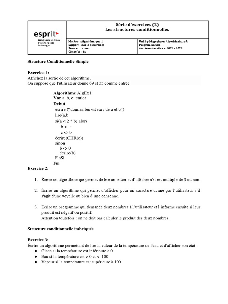 TD2 - Les Structures Conditionnelles | PDF | Équation du second degré | Mathématiques