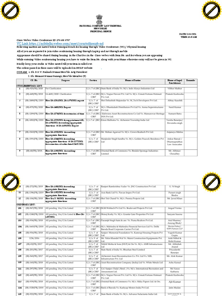 NCLT Cause List for March 23, 2021 | PDF | Banks | Economy Of India