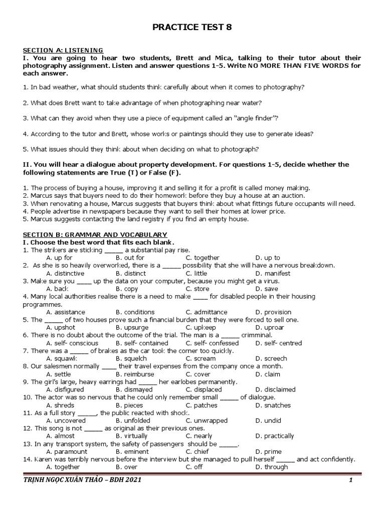 Practice Test 8: Trịnh Ngọc Xuân Thảo - Bdh 2021 1 | PDF | Gene ...