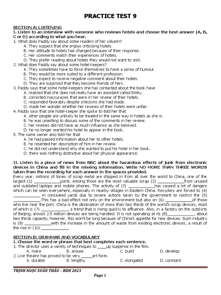 Practice Test 9: Trịnh Ngọc Xuân Thảo - Bdh 2021 | PDF | Foods ...