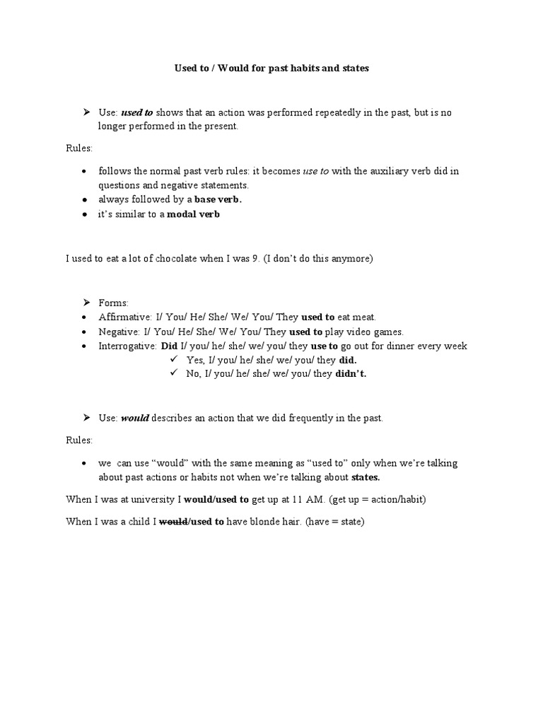 Used To And Would For Past Habits And States Pdf