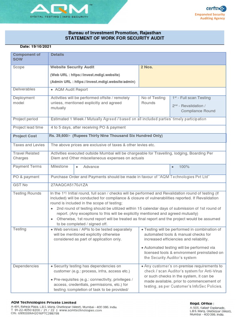 Bureau of Investment Promotion, Rajasthan Statement of Work For ...