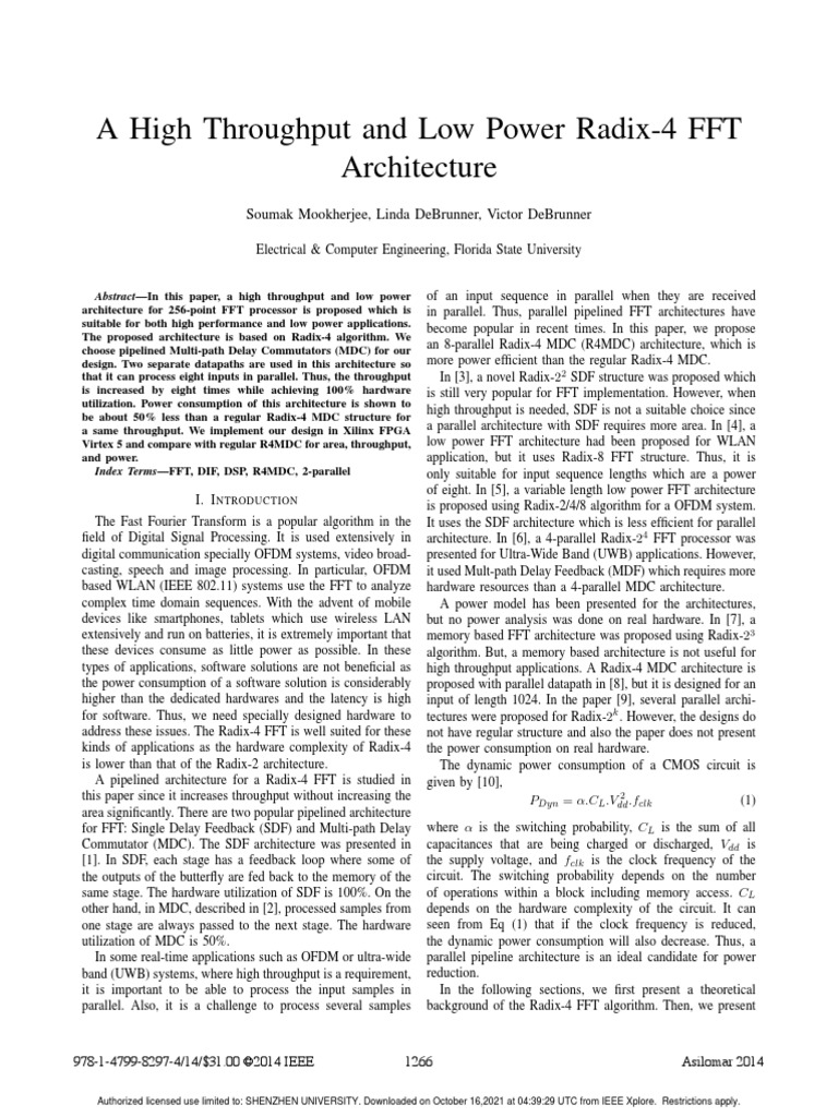 R4mdc A High Throughput And Low Power Radix 4 Fft Architecture Pdf Fast Fourier Transform