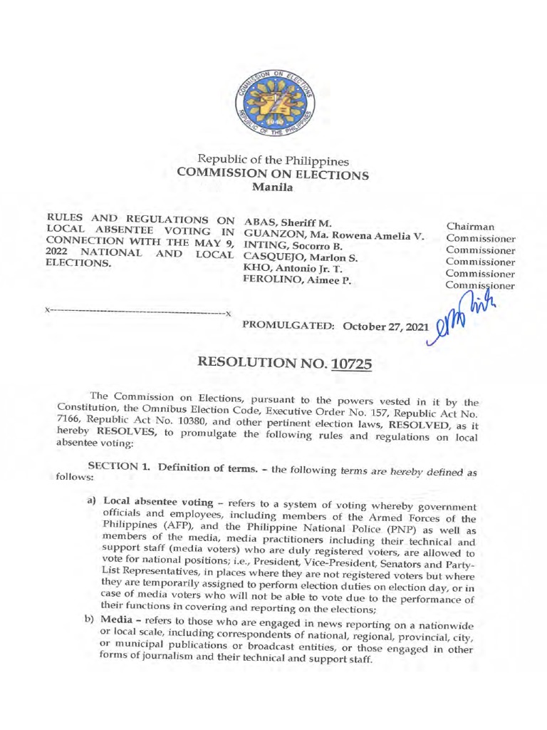 Comelec Resolution No. 10725 On Local Absentee Voting | PDF