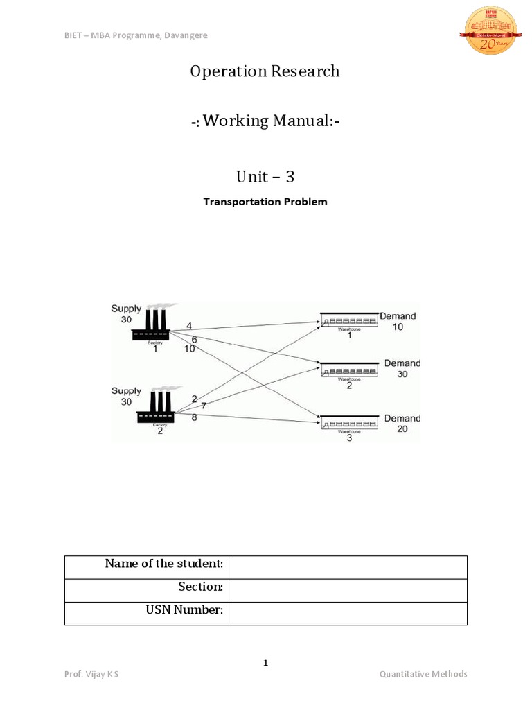 Operation Research Working Manual:-: Transportation Problem | PDF ...