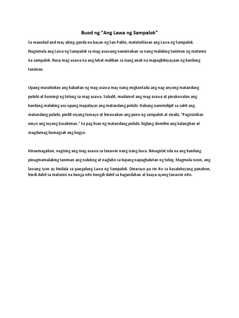 Buod NG Ang Lawa NG Sampalok | PDF