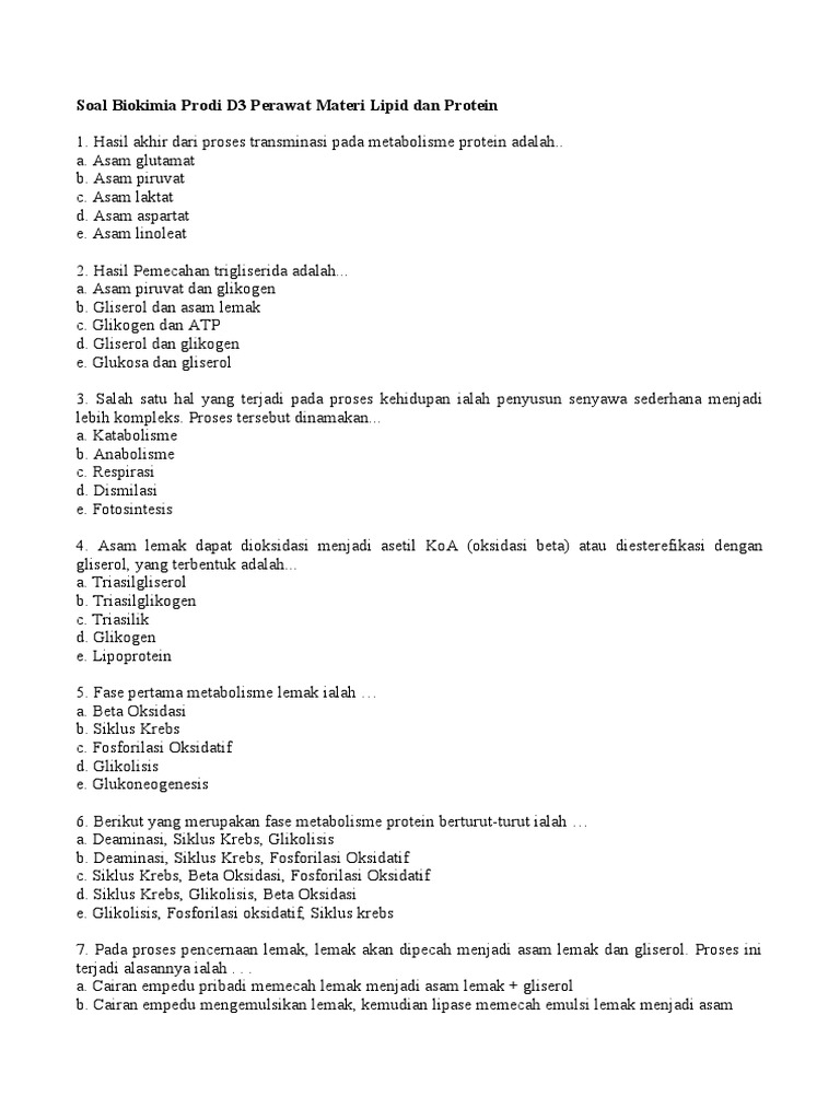 Soal Biokimia Yuda Megantara Prodi D3 Perawat Materi Lipid Dan Protein | PDF
