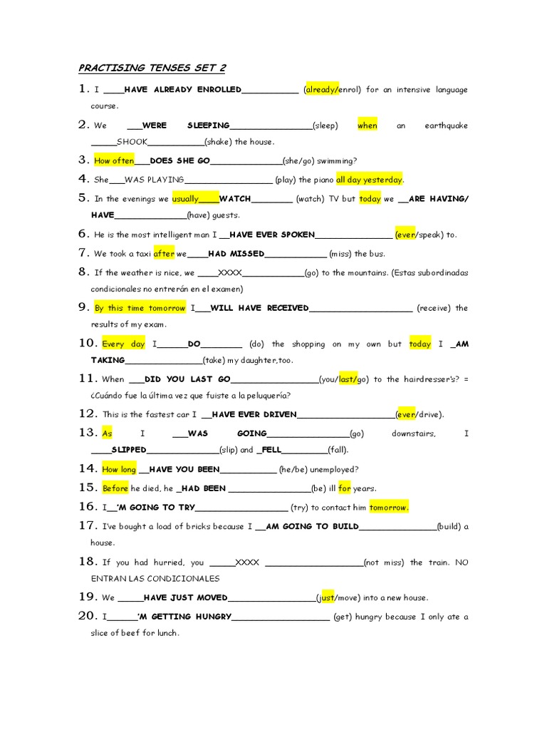 Answer Key To Tenses Review. 1 | PDF