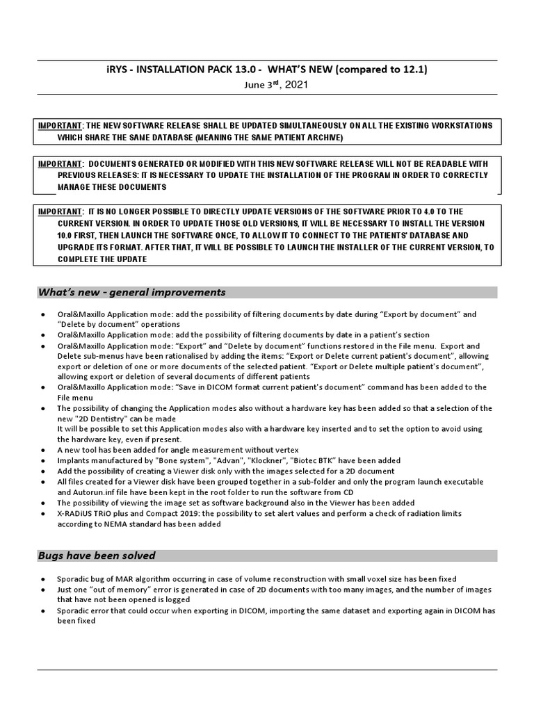 Installation Pack 13.0 - iRYS What's New Guide | PDF | Computer File | Computing