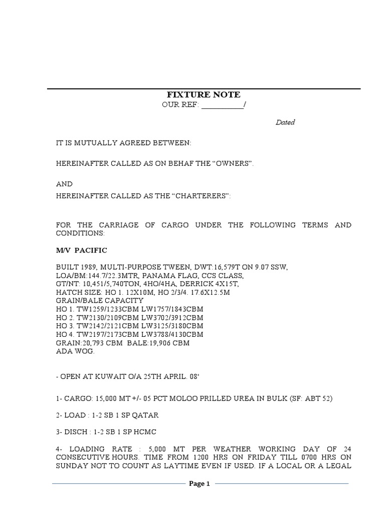 Fixture Note for MOLoo Coal Shipment | PDF | Cargo | Water Transport